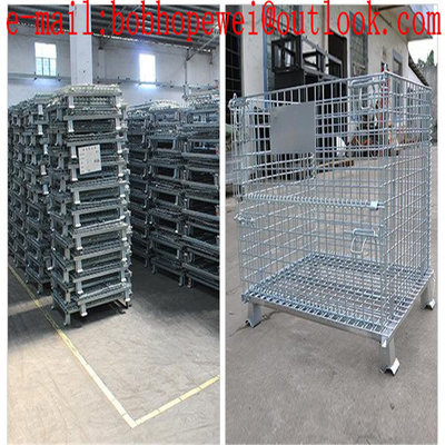 China folding storage cages with castors used for supermarket ane warehouse/hot-dipped galvanized fold cage with wheels supplier